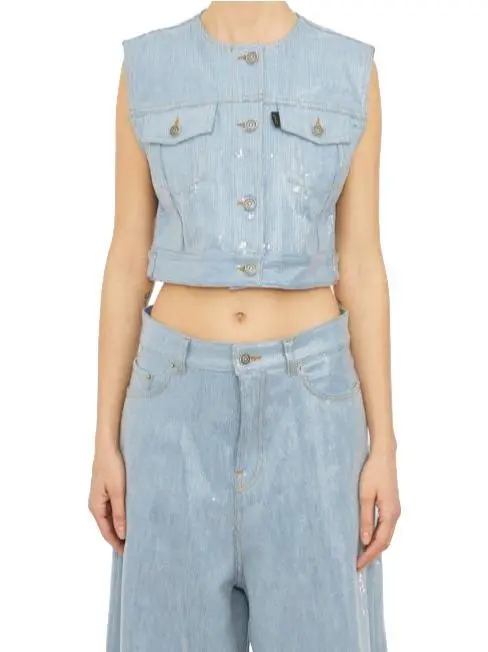 HAIKURE Sleeveless Sequined Button Vest - Blue