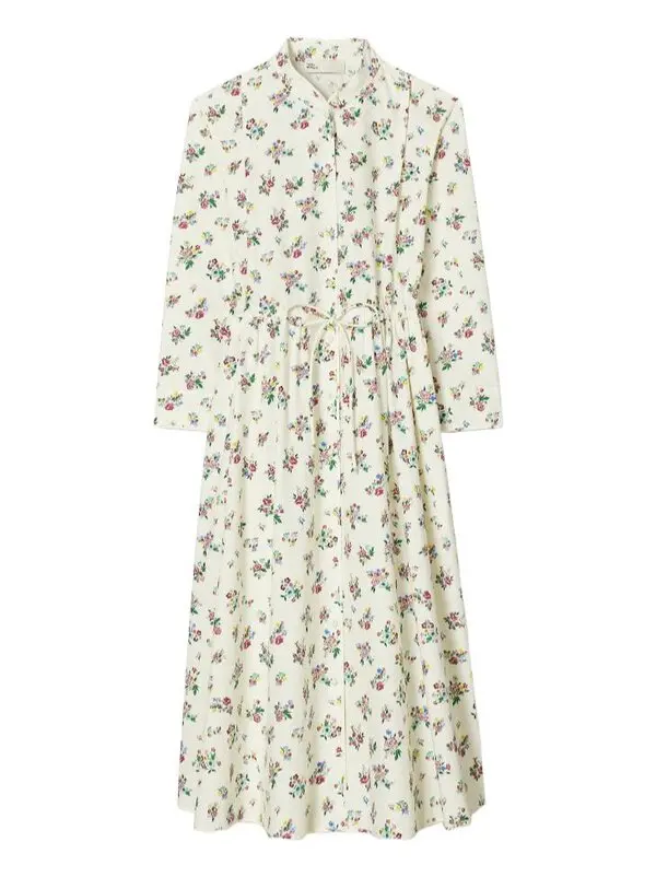 Tory Burch Printed Shirtdress With Drawstring Belt - Color-matching Small Floral Pattern