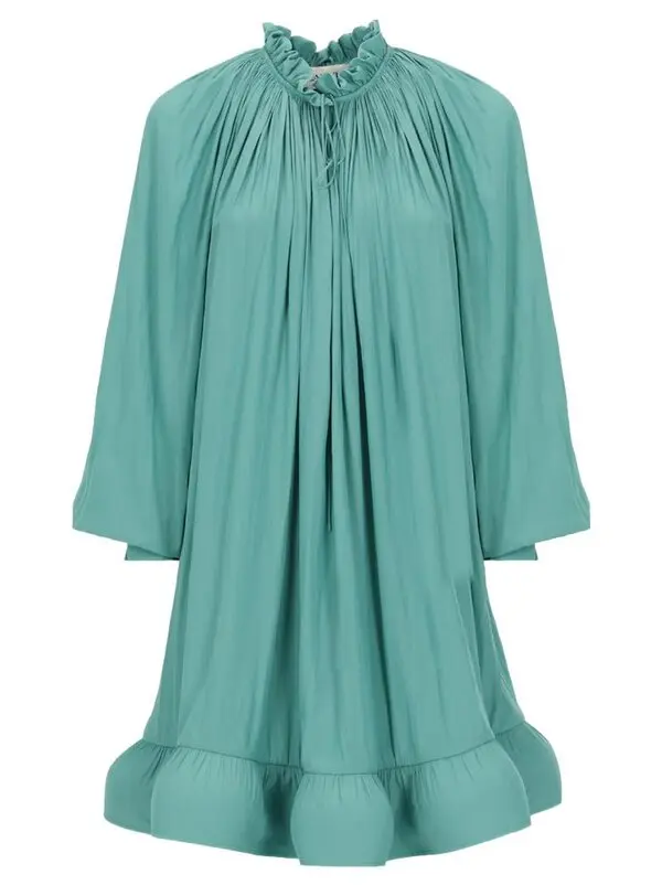 LANVIN Pleated Dress With Ruffled Collar And Hem - Blue