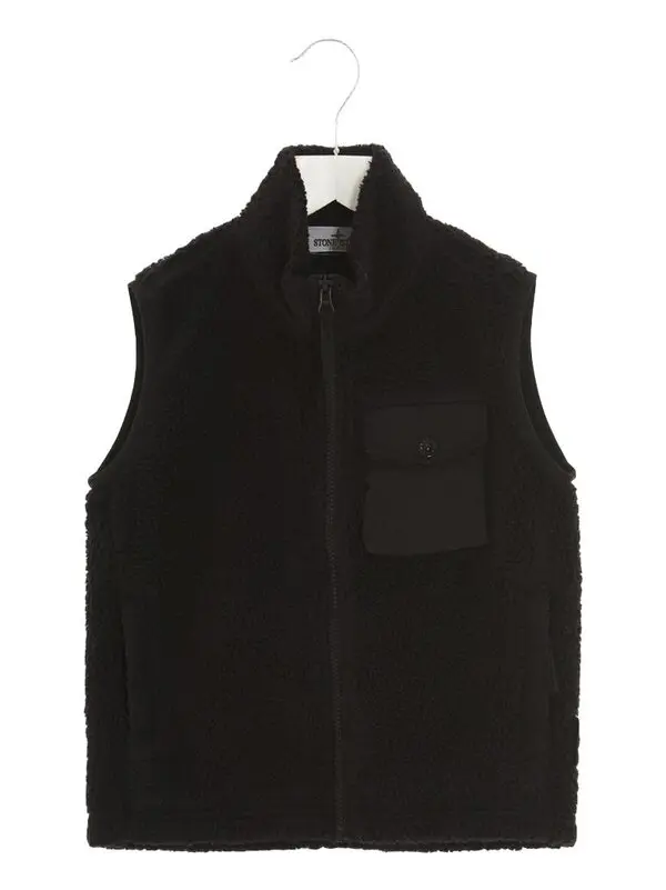 Stone Island Faux Shearling Logo Patch Gilet - Black