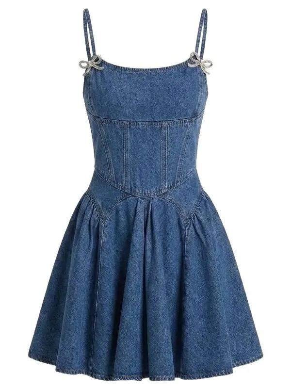 SELF-PORTRAIT Denim Flared Mini Dress With Diamanté Bows - Blue