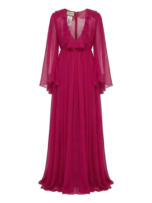 Gucci Chiffon Ruffled Pleated Maxi Dress - Red