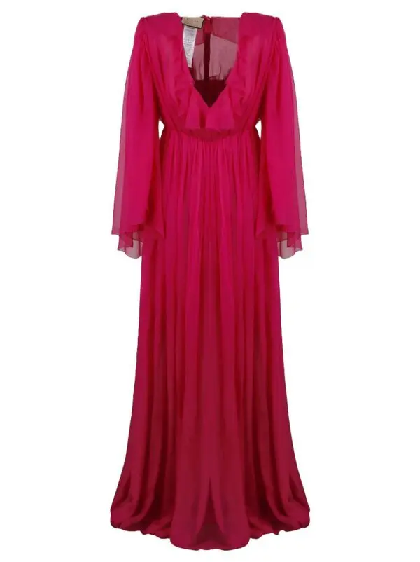 Gucci Chiffon Ruffled Pleated Maxi Dress - Red