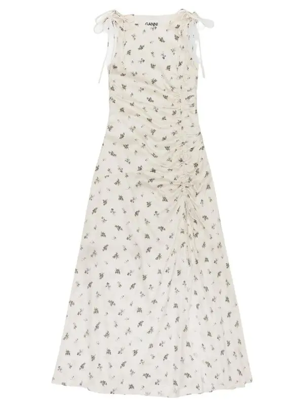 GANNI Satin Gathered Floral Print Maxi Dress - Egret