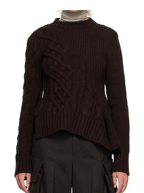 Sacai Paneled Cable-knit & Ribbed Sweater - Brown