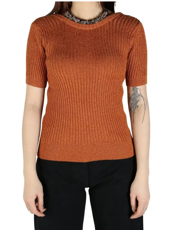 Dries Van Noten Short Sleeve Ribbed Top With Rear Tie - Brown
