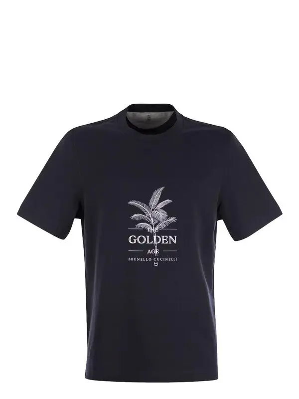 Brunello Cucinelli Logo Printed Crewneck T-shirt - Navy Blue