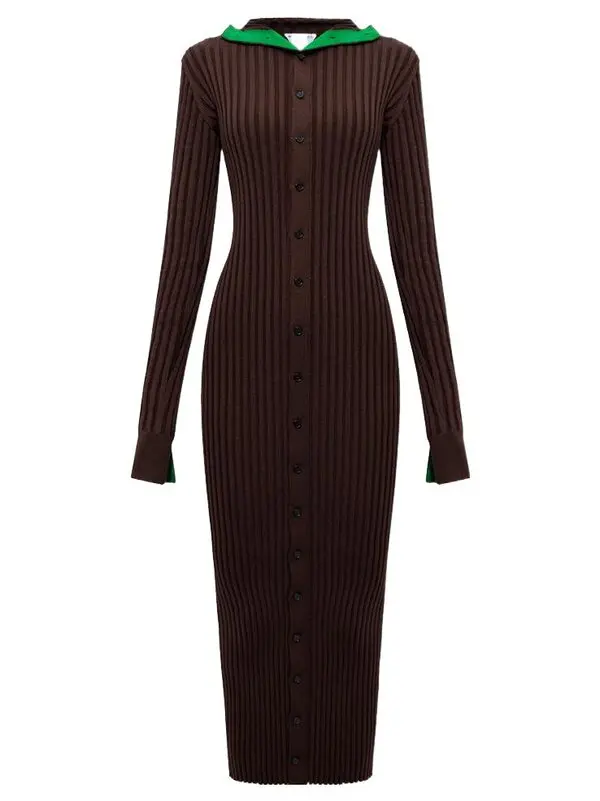 Bottega Veneta Ribbed Hooded Midi Dress - Dark Chocolate