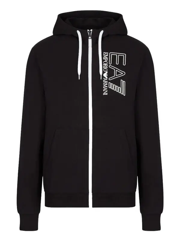 EA7 Logo Zip-up Hoodie With Drawstring Hood - Black