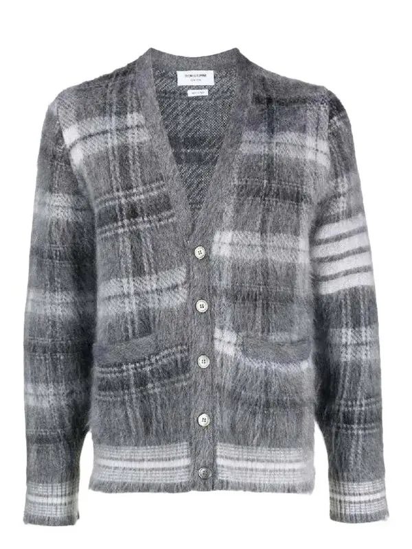 Thom Browne Textured Tartan V-neck Cardigan - Gray