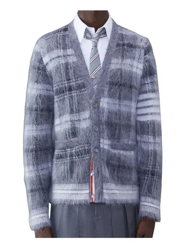Thom Browne Textured Tartan V-neck Cardigan - Medium Gray