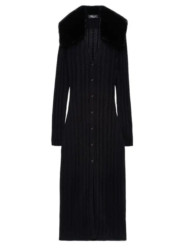 Blumarine Knitted Faux Fur Collared Midi Dress - Black