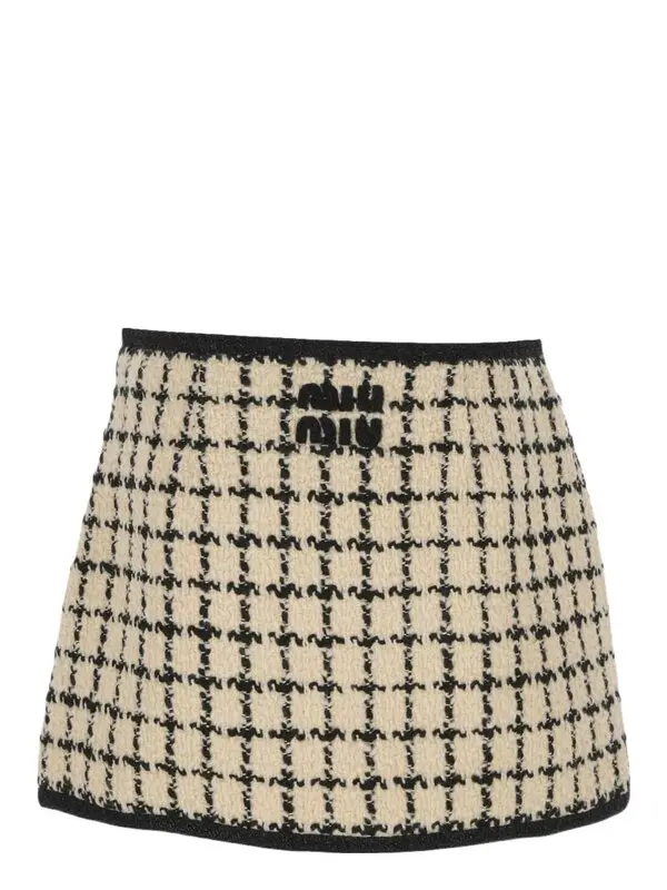 Miu Miu Plaid Mini Skirt With Logo - Nude