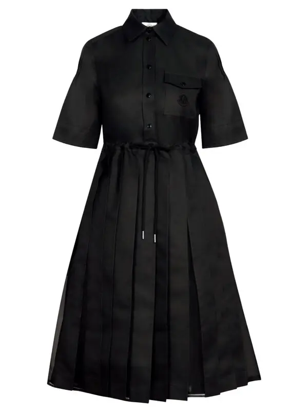 Moncler Collared Short Sleeve Pleated Dress - Black