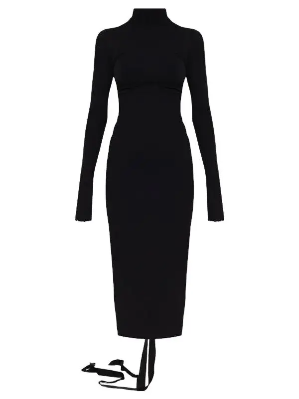 Balenciaga High Neck Long Sleeve Midi Dress With Back Ties - Black