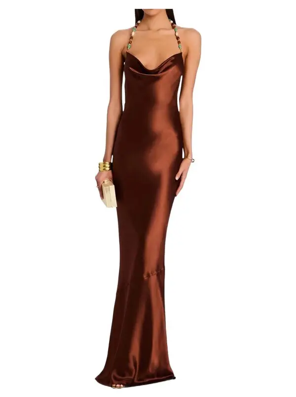 Retrofete Finley Cowl-neck Beaded-strap Maxi Dress - Brown