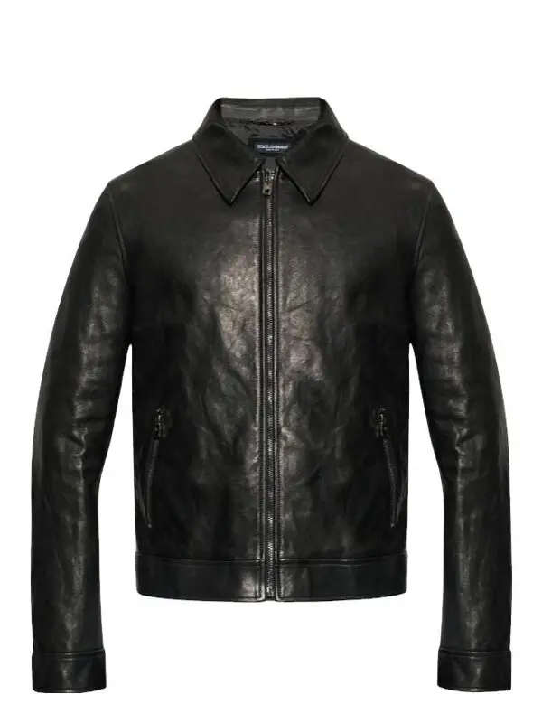 Dolce & Gabbana Smooth Leather Zip Jacket - Black
