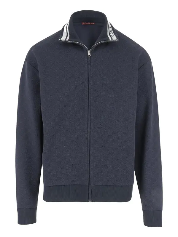 Gucci Long Sleeve Zip-up Jacket With All-over Gg Pattern - Black