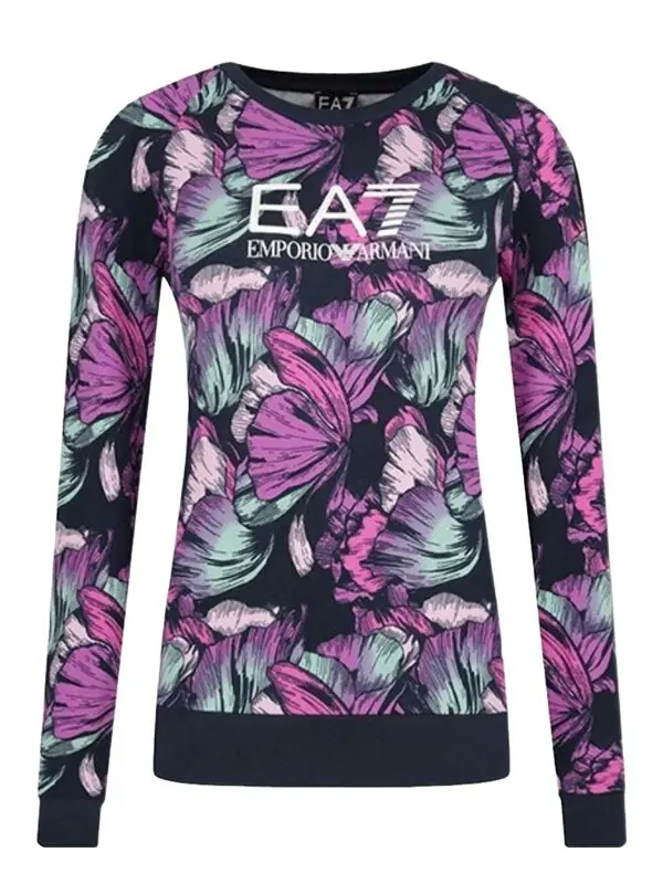 EA7 Multicolor Floral Print Round Neck Sweater - Black