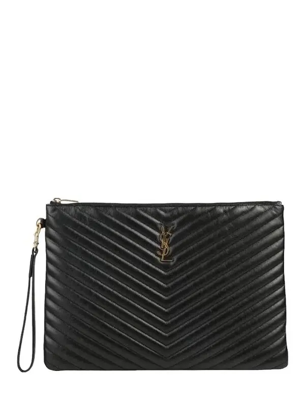 Saint Laurent Quilted Document Holder With Gold Logo Plaque - Black