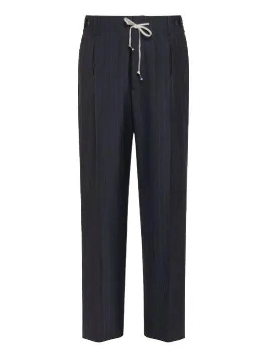 MAISON MARGIELA Pinstriped Pleated Trousers With Drawstring Waist - Blue Dark Grey