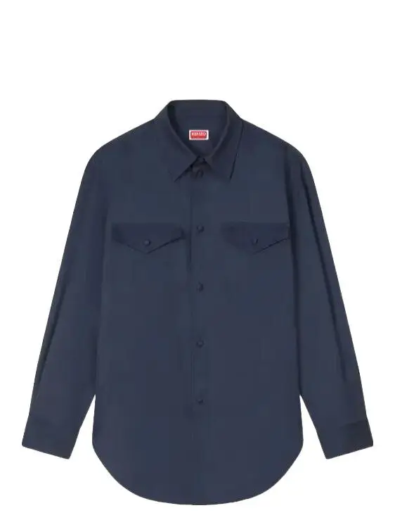 Kenzo Curved Hem Overshirt With Buttoned Chest Pockets - Navy Blue