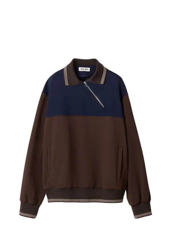 Miu Miu Two-tone Collared Sweatshirt With Zipper Detail - Cocoa Brown/blue