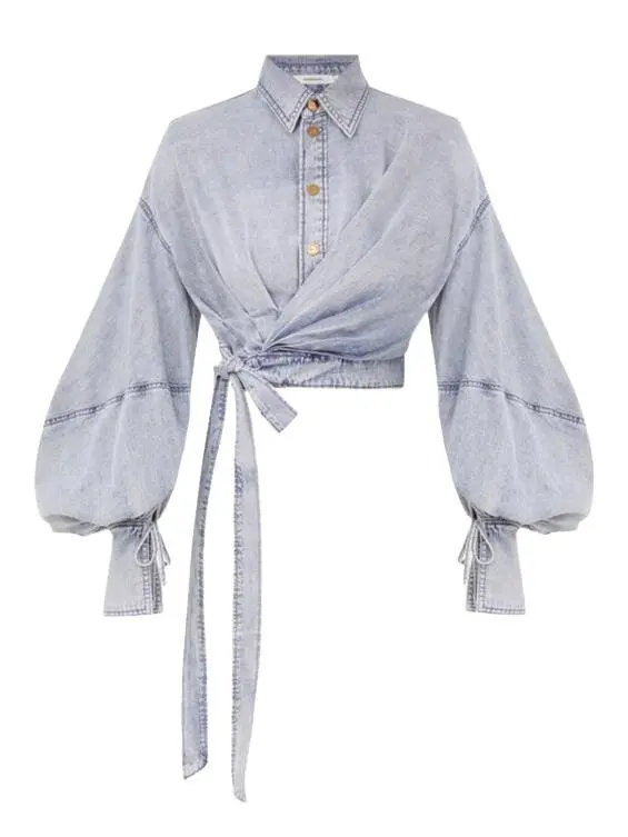 Zimmermann Rebellion Wrap Denim Top - Gray