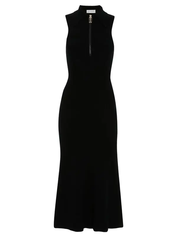 Victoria Beckham Sleeveless Ribbed Knit Collared Zipper Dress - Black