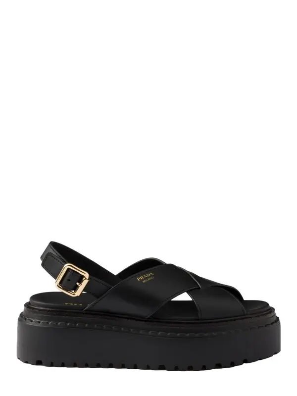 Prada Crossover Strap Slingback Sandals With Logo Buckle - Black