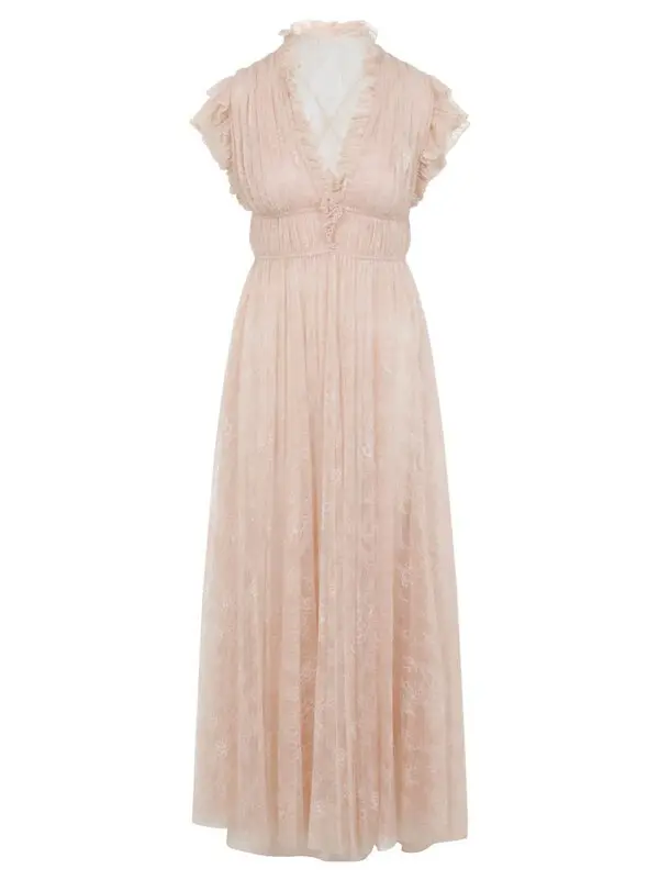 Alberta Ferretti Pleated Lace Evening Gown - Nude