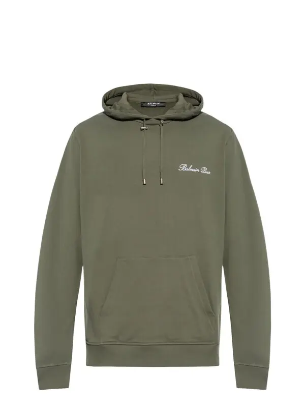 Balmain Logo Embroidered Drawstring Hoodie - Green