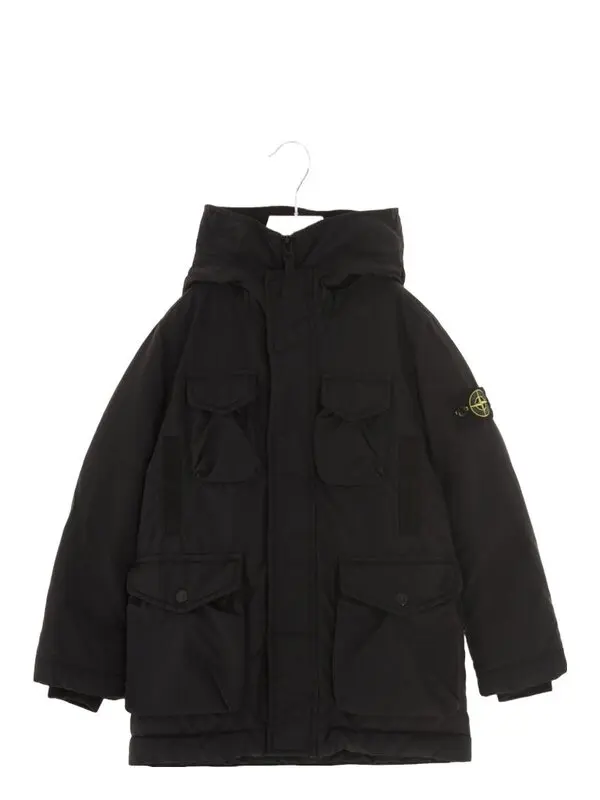 Stone Island Hooded Down Coat With Logo Patch - Black