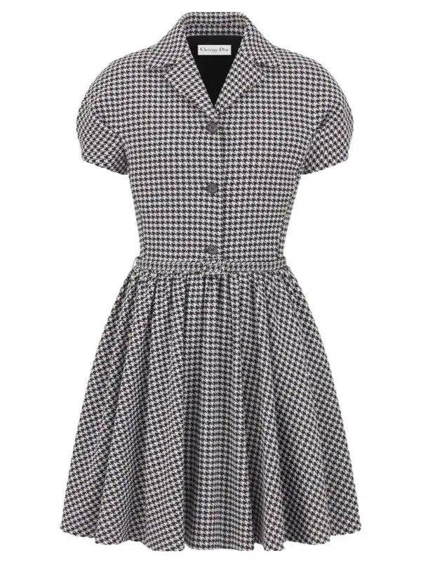 Dior Houndstooth Puff Sleeve Flared Dress - Black White