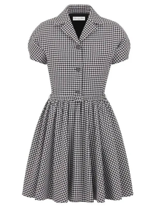 Dior Houndstooth Puff Sleeve Flared Dress - Gray