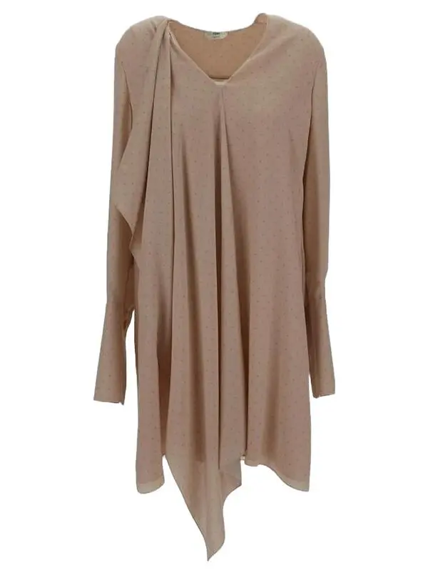 Fendi Long-sleeved Draped Asymmetric V-neck Dress - Brown