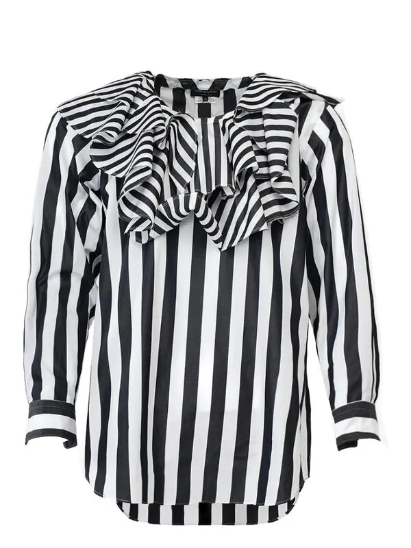 Comme Des Garçons Striped Shirt With Lotus Leaf Edge - Black