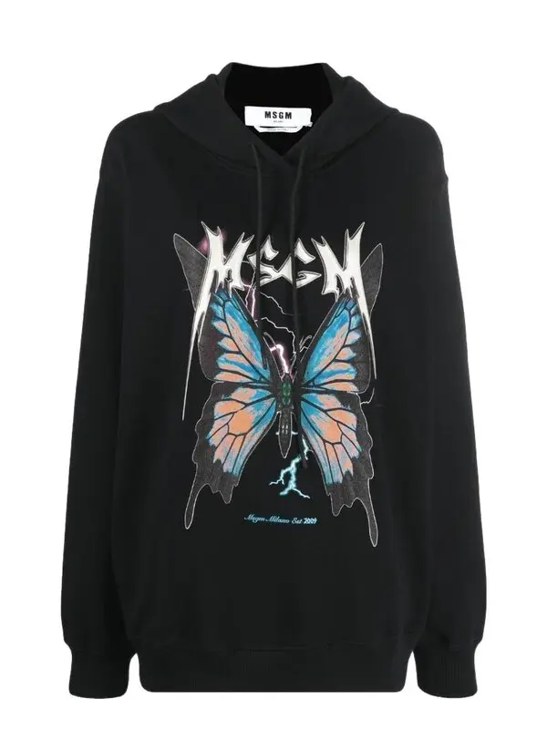 MSGM Graphic Print Cotton Hoodie - Black
