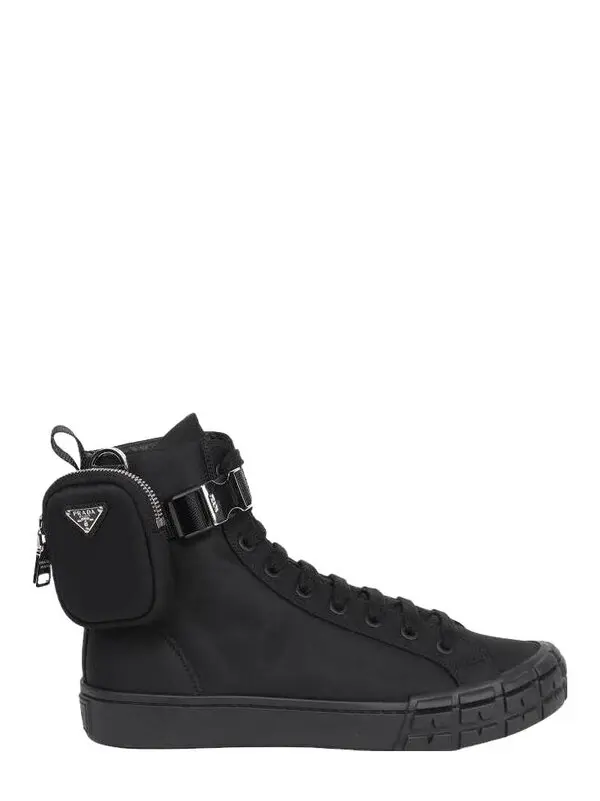 Prada Wheel Re-nylon High-top Sneakers With Detachable Pouch - Black