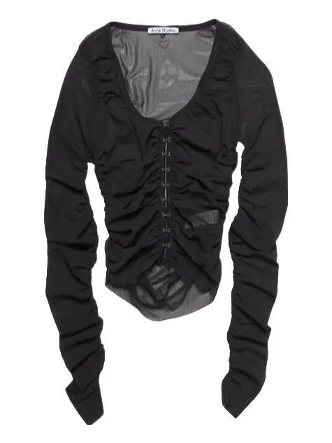 Acne Studios V-neck Sheer Ruched Long Sleeve Blouse - Coal Gray