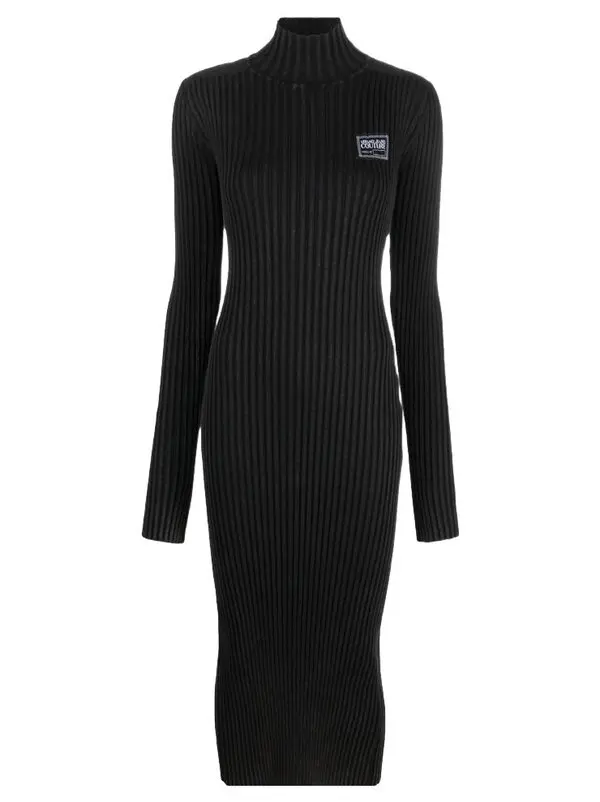 Versace Ribbed Turtleneck Midi Dress - Black