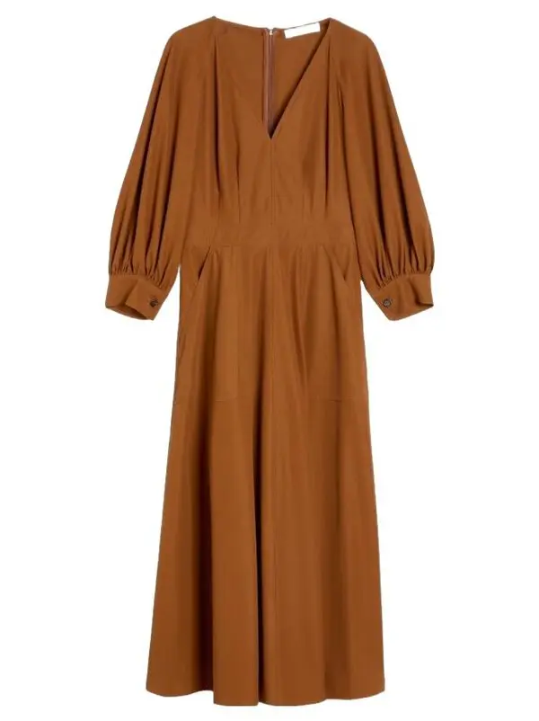 Max Mara Long Cotton Dress With Puffed Sleeves - Tobacco Color