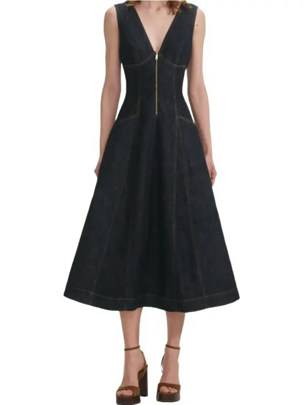 SELF-PORTRAIT Denim V-neck Midi Dress With Zip Front - Indigo