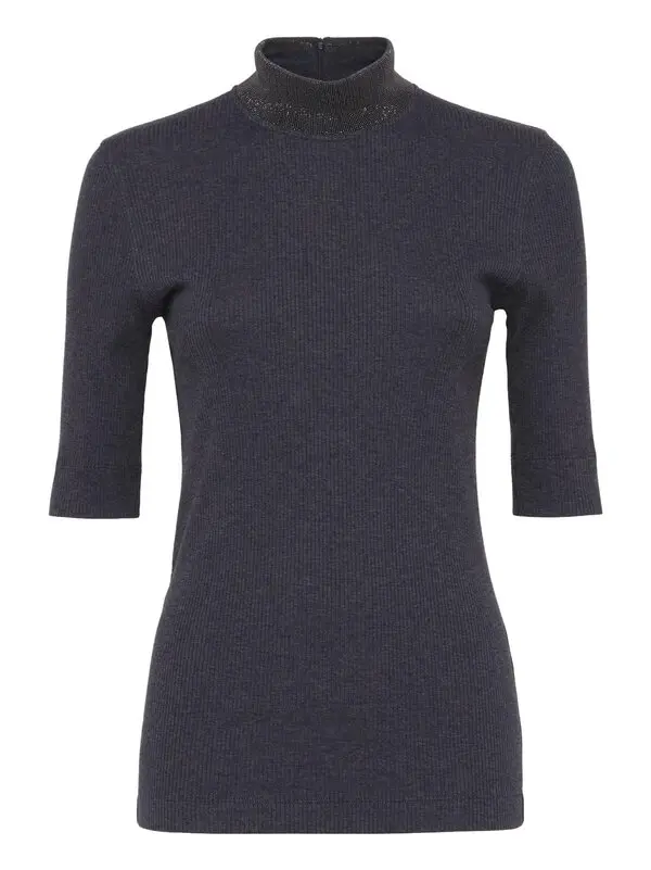 Brunello Cucinelli High-neck Half-sleeve Ribbed Jumper With Monili Chain Detail - Black