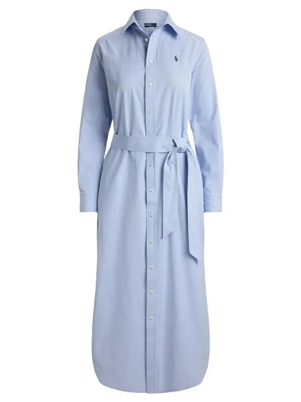 Polo Ralph Lauren Striped Logo Embroidered Midi Shirt Dress - Blue
