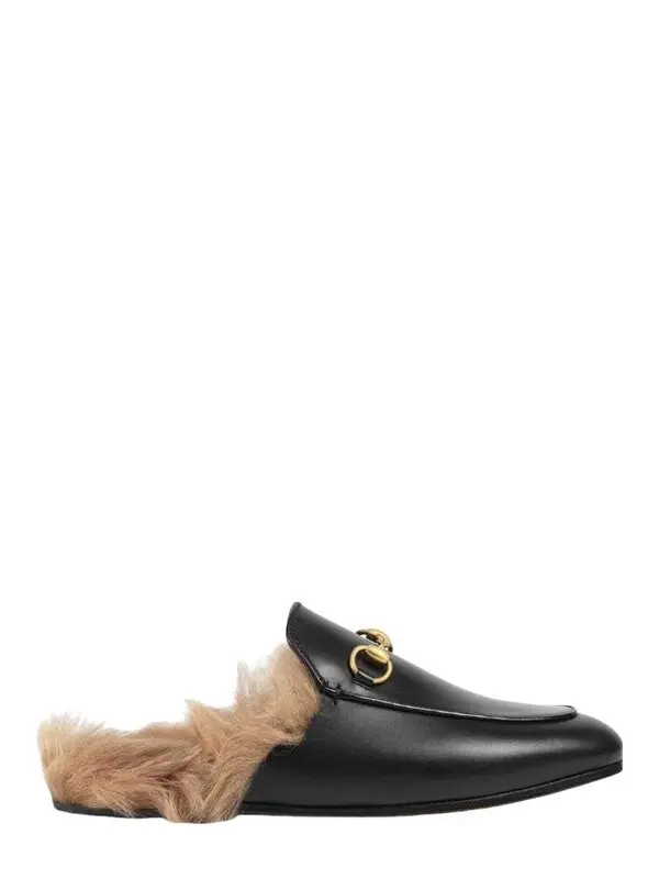 Gucci Princeton Fur Mules With Gold Hardware - Black