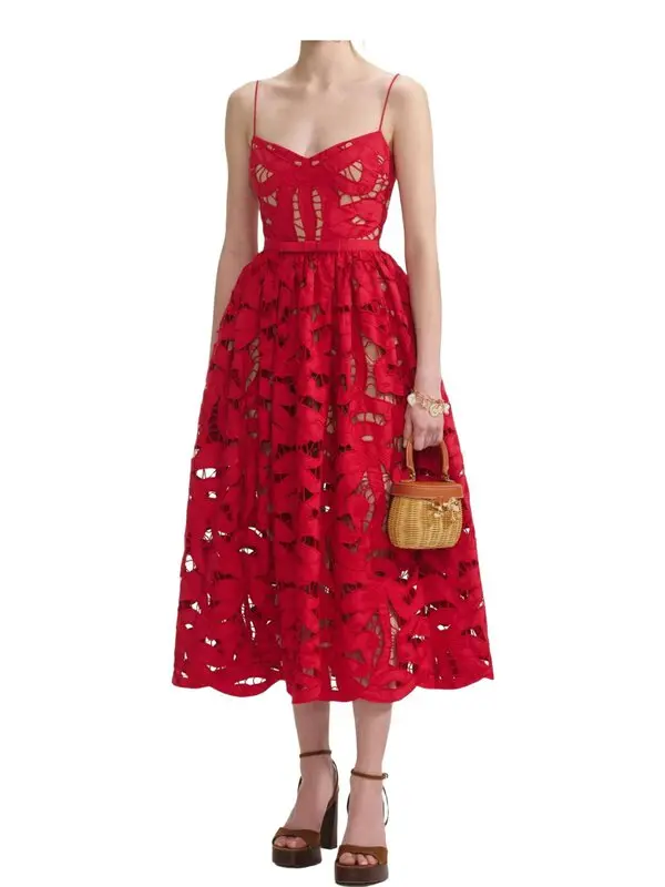 SELF-PORTRAIT Bow-embellished Lace Midi Dress - Red