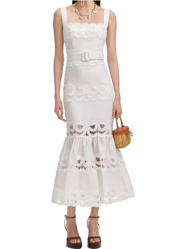 SELF-PORTRAIT Sleeveless Lace Trimmed Dress With Crochet Panels - White