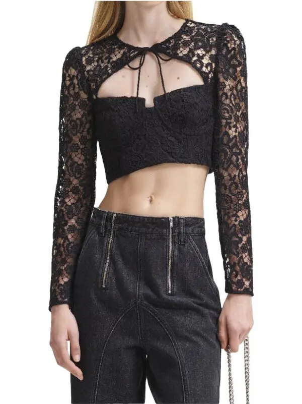 SELF-PORTRAIT Lace Cropped Top With Corset Neckline And Tie Detail - Black