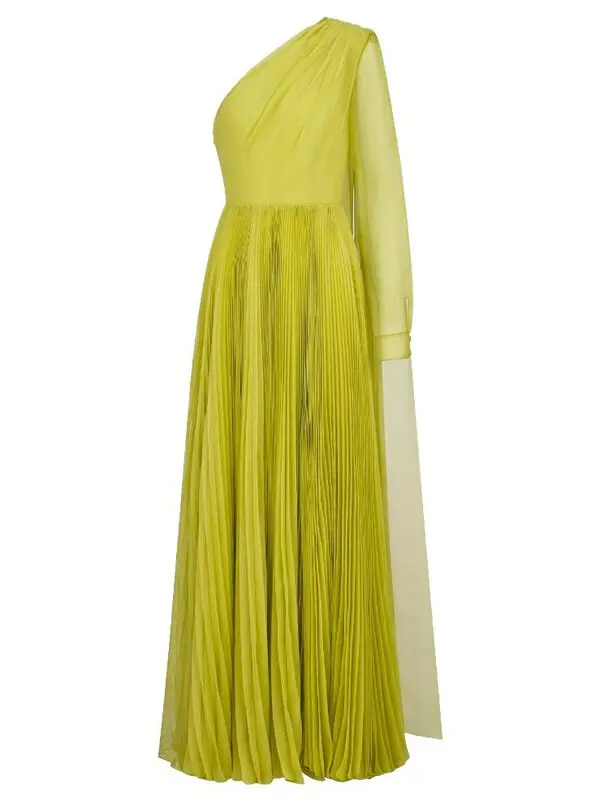 Dior Asymmetric Silk Chiffon Pleated Maxi Dress - Yellow